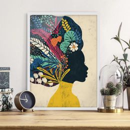 Bilderwelten Bild mit Rahmen Blumen bunt Illustration inkl. Rahmung - Frau mit Blumenafro - Deko Wohnzimmer Schlafzimmer