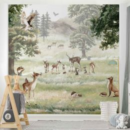 Bilderwelten Fototapete Versammlung der Waldtiere Wald Aquarell - Kinderzimmer Babyzimmer - M&auml;dchen Junge - Vliestapete nach Ma&szlig; inkl. Kleister oder selbstklebend