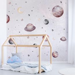 Bilderwelten Fototapete Planeten, Mond Sterne Weltall Aquarell - Kinderzimmer Babyzimmer Jungenzimmer - Jungen Baby - Weltraum Space Sonnensystem Kindertapete
