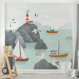 Bilderwelten Fototapete Strand Illustration Aquarell t&uuml;rkis - Meer mit Felsen, Booten und M&ouml;wen - Boot Schiff & U-Boot Kinderzimmer Baby M&auml;dchen Jungen