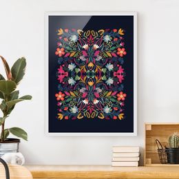 Bilderwelten Bild mit Rahmen Blumen blau Abstrakt inkl. Rahmung - Fridas Garten Illustration - Deko Wohnzimmer Schlafzimmer