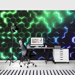 Bilderwelten Fototapete Vliestapete Neon Art 3D-Effekt schwarz - Strukturierte Hexagone mit Neonlicht in Gr&uuml;n und Blau - Geometrisch Jugendzimmer