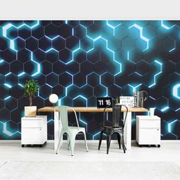 Bilderwelten Fototapete Vliestapete Neon Art 3D-Effekt schwarz - Strukturierte Hexagone mit Neonlicht in T&uuml;rkis - Geometrisch Jugendzimmer