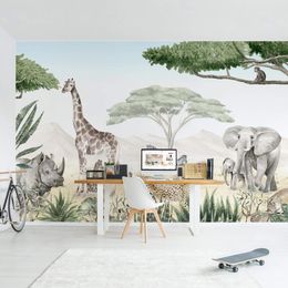 Bilderwelten Fototapete Majest&auml;tische Tierwelt der Savanne Aquarell - Kinderzimmer Babyzimmer M&auml;dchen Junge Vliestapete nach Ma&szlig; inkl. Kleister oder selbstklebend