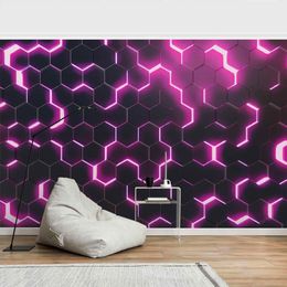 Bilderwelten Fototapete Vliestapete Neon Art 3D-Effekt schwarz - Strukturierte Hexagone mit Neonlicht in Pink - Geometrisch Jugendzimmer