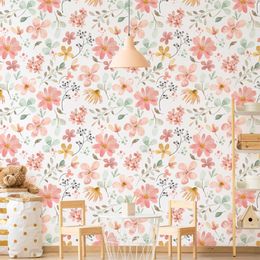 Bilderwelten Fototapete Blumen Muster Pastell Rosa Aquarell Pastell - M&auml;dchenzimmer Kinderzimmer - M&auml;dchen Kinder - Vliestapete Blumentapete