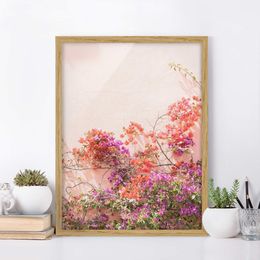 Bilderwelten Bild mit Rahmen Blumen rosa Motiv inkl. Rahmung - Rosa Wand mit Blumen - Deko Wohnzimmer Schlafzimmer