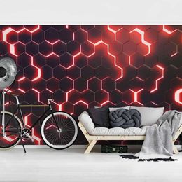 Bilderwelten Fototapete Vliestapete Neon Art 3D-Effekt schwarz - Strukturierte Hexagone mit Neonlicht in Rot - Geometrisch Jugendzimmer