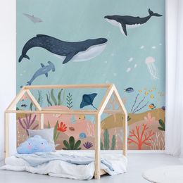 Bilderwelten Fototapete Strand Illustration Aquarell blau - Unterwasserwelt mit buntem Korallenriff - Unterwasser Kinderzimmer Baby M&auml;dchen Jungen