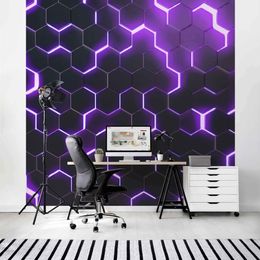 Bilderwelten Fototapete Strukturierte Hexagone mit Neonlicht in Lila - Jugendzimmer - Strukturierte Hexagone mit Neonlicht - Gamer Room Tapete Neon Schwarz
