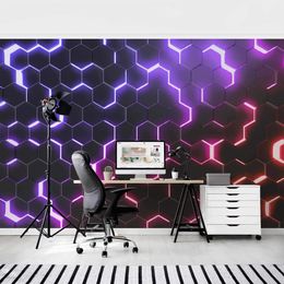 Bilderwelten Fototapete Vliestapete Neon Art 3D-Effekt schwarz - Strukturierte Hexagone mit Neonlicht in Rosa und Lila - Geometrisch Jugendzimmer