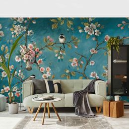 Bilderwelten Fototapete Blumen modern Wandtapete rosa - Kirschbl&uuml;tenzweige auf Blau - Kirschbl&uuml;te Wohnzimmer Schlafzimmer