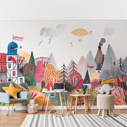 Bilderwelten Fototapete Bunter M&auml;rchenwald Berge Aquarell - Kinderzimmer Babyzimmer Baby M&auml;dchen Junge Kindertapete Babyzimmer Boho Landschaft