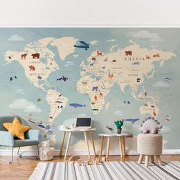 Bilderwelten Fototapete Tiere Vintage Wandtapete blau - Karte mit Tieren der Welt - Fahrzeuge Kinderzimmer Baby M&auml;dchen Jungen