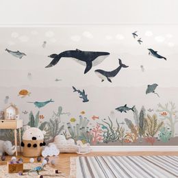 Bilderwelten Fototapete Unterwasserwelt Meerestiere Aquarell Junge M&auml;dchen Baby Jungenzimmer Kinderzimmer Kindertapete Fische Wale Meer Unterwasser