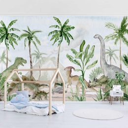 Bilderwelten Fototapete Zusammenkunft der Dinosaurier Aquarell - Jungenzimmer Kinderzimmer Baby - Vliestapete nach Ma&szlig; inkl. Kleister oder selbstklebend