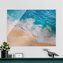 Bilderwelten Glasbild Strand Motiv t&uuml;rkis Glas Wandbild - Sonniger Wellenbruch - Landschaft Wohnzimmer Schlafzimmer