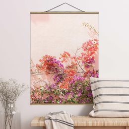 Bilderwelten Stoffbild Blumen rosa Motiv Vintage-Charakter - Rosa Wand mit Blumen - Wandbild Wohnzimmer Schlafzimmer