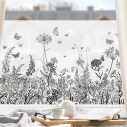 Bilderwelten Fensterfolie Blumen Landhaus Sichtschutz schwarz weiss - Gro&szlig;e Blumen mit Schmetterlingen in Schwarz - Schmetterlinge Wohnzimmer Schlafzimmer K&uuml;che
