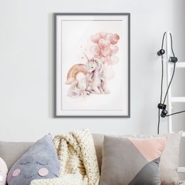 Bilderwelten Bild mit Rahmen Tiere rosa modern Aquarell - Tr&auml;umendes Einhorn - Himmel Kinderzimmer Baby M&auml;dchen Jungen