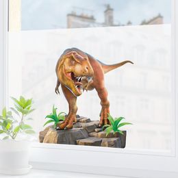 Bilderwelten Fensterfolie Fensterhaftfolie modern Sichtschutz braun - T-Rex schaut ins Fenster - Dinosaurier Wohnzimmer Schlafzimmer K&uuml;che