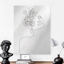 Bilderwelten Glasbild Portrait modern schwarz weiss Glas Wandbild - Line Art - Dreamy Girl Blossom - Deko Wohnzimmer Schlafzimmer