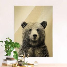 Bilderwelten Glasbild Tiere Motiv schwarz weiss Glas Wandbild - Grizzlyb&auml;r Gustel Schwarz Wei&szlig; - B&auml;r Kinderzimmer Baby M&auml;dchen Jungen