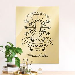 Bilderwelten Glasbild Spr&uuml;che Illustration schwarz weiss Glas Wandbild - Frida Kahlo Alas pa ́ Volar - Spr&uuml;che Wohnzimmer Schlafzimmer
