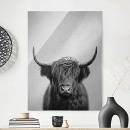 Bilderwelten Glasbild Tiere Motiv schwarz weiss Glas Wandbild - Hochlandrind Harry Schwarz Wei&szlig; - Deko Kinderzimmer Baby M&auml;dchen Jungen
