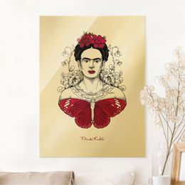 Bilderwelten Glasbild Tiere Illustration pink Glas Wandbild - Frida Kahlo Portrait mit Bl&uuml;ten und Schmetterling - Schmetterlinge Wohnzimmer Schlafzimmer