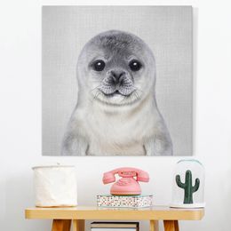 Bilderwelten Leinwandbild Tiere Motiv Kunstdruck schwarz weiss - Baby Robbe Ronny - Wandbild XXL Kinderzimmer Baby M&auml;dchen Jungen