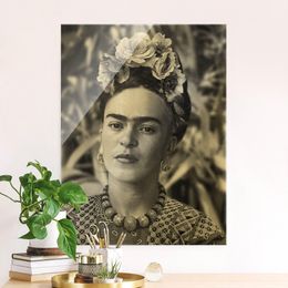 Bilderwelten Glasbild Portrait Motiv schwarz weiss Glas Wandbild - Frida Kahlo Foto Portrait mit Blumenkrone - Deko Wohnzimmer Schlafzimmer