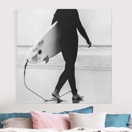 Bilderwelten Leinwandbild Strand Motiv Kunstdruck schwarz weiss - Leash dran - Los geht's - Landschaft XXL Wohnzimmer Schlafzimmer