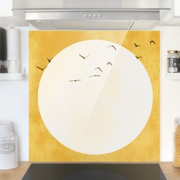 Bilderwelten Glas Spritzschutz Illustration gelb Tiere Aquarell - Reise zur ewigen Sonne - Himmel K&uuml;chenr&uuml;ckwand aus Glas