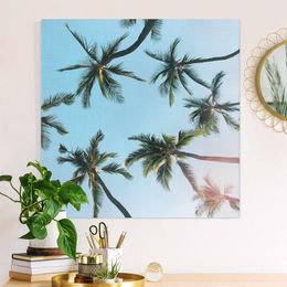 Bilderwelten Leinwandbild Strand Motiv Kunstdruck blau - Palmengiganten im Himmel - Palme XXL Wohnzimmer Schlafzimmer