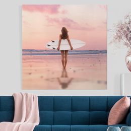 Bilderwelten Leinwandbild Strand Motiv Kunstdruck rosa - Surfergirl mit Board im Abendrot - Landschaft XXL Wohnzimmer Schlafzimmer