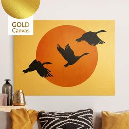 Bilderwelten Leinwandbild Natur Illustration Kunstdruck orange - V&ouml;gel vor gelber Sonne - Sonnenuntergang XXL Wohnzimmer Schlafzimmer