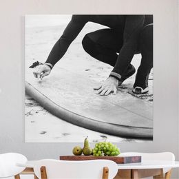 Bilderwelten Leinwandbild Strand Motiv Kunstdruck schwarz weiss - Wachsen des Surfboards - Landschaft XXL Wohnzimmer Schlafzimmer