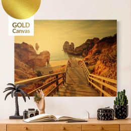 Bilderwelten Leinwandbild Strand Motiv 3D-Effekt orange - Traumstrand in Portugal - Steg XXL Wohnzimmer Schlafzimmer