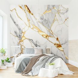 Bilderwelten Fototapete Vliestapete Fotomontage Steinoptik schwarz weiss - Wei&szlig;er Marmor mit Goldeffekt - Beton Wohnzimmer Schlafzimmer