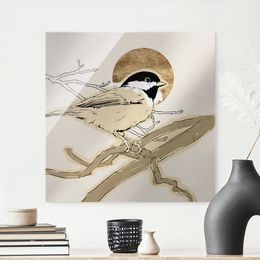 Bilderwelten Glasbild Tiere Vintage beige Glas Wandbild - Vogel vor goldener Sonne I - Retro Wohnzimmer Schlafzimmer