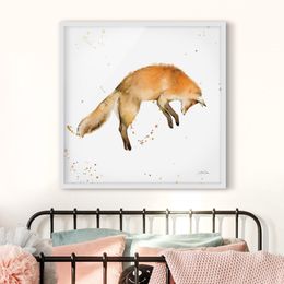 Bilderwelten Bild mit Rahmen Tiere weiss modern Aquarell - Springender Fuchs - Deko Kinderzimmer Baby M&auml;dchen Jungen