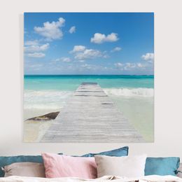 Bilderwelten Leinwandbild Strand Motiv 3D-Effekt blau - Steg ins Meer - Steg XXL Wohnzimmer Schlafzimmer