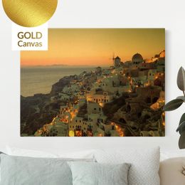 Bilderwelten Leinwandbild Stadt Motiv Kunstdruck violett - Santorini bei Nacht - Griechenland XXL Wohnzimmer Schlafzimmer