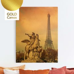 Bilderwelten Leinwandbild Stadt Motiv Kunstdruck rosa - Reiterstatue vor Eiffelturm - Paris XXL Wohnzimmer Schlafzimmer
