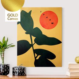 Bilderwelten Leinwandbild Tiere Tropisch Kunstdruck blau - Pflanzenwelt mit roter Sonne - Pflanzen XXL Wohnzimmer Schlafzimmer