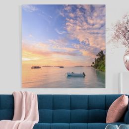 Bilderwelten Leinwandbild Strand Motiv Kunstdruck blau - Ruhendes Meer - Boot Schiff & U-Boot XXL Wohnzimmer Schlafzimmer