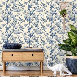 Bilderwelten Fototapete Tiere Illustration Wandtapete pastell - Toile Spatzen und Heckenrosen - Rose Kinderzimmer Baby M&auml;dchen Jungen