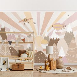 Bilderwelten Fototapete Natur Illustration Wandtapete beige - Luftfahrt &uuml;ber den Bergen Rosa Beige - Ballon Kinderzimmer Baby M&auml;dchen Jungen