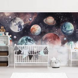 Bilderwelten Fototapete originell modern Aquarell beige - Universum umh&uuml;llt von Wolken - Himmel Kinderzimmer Baby M&auml;dchen Jungen